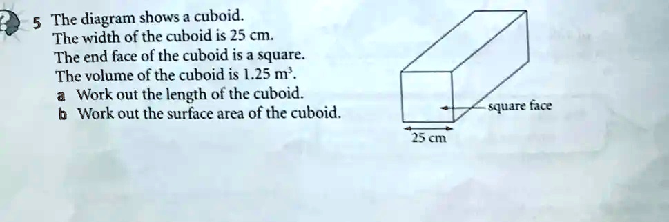 SOLVED: 5 The diagram shows a cuboid. The width of the cuboid is 25 cm ...