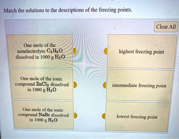 SOLVED: Match the solutions to the descriptions of the freezing points. Clear All One mole of ...