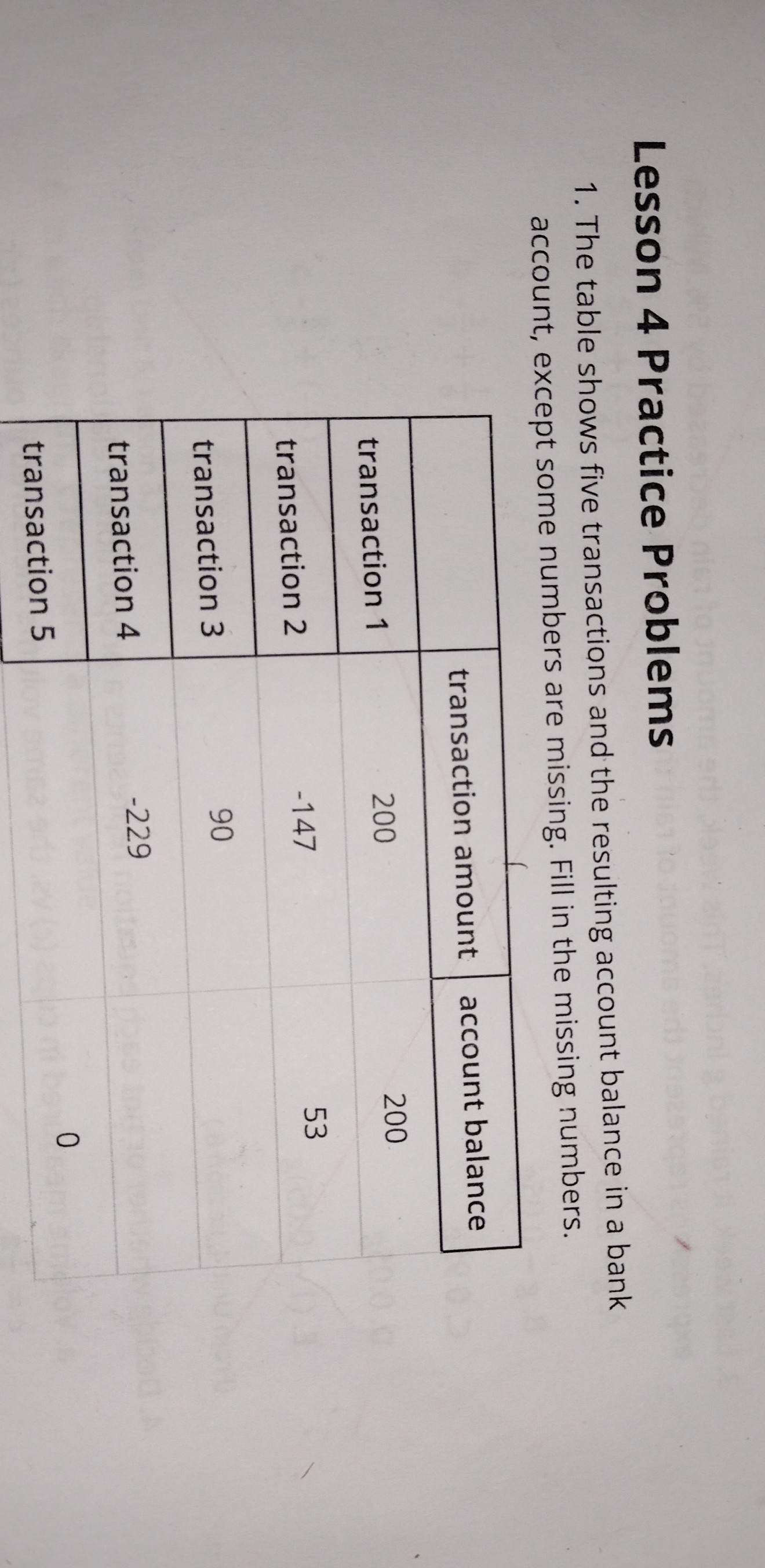 Lesson 4 Practice Problems 1. The table shows five transactions and the resulting account ...