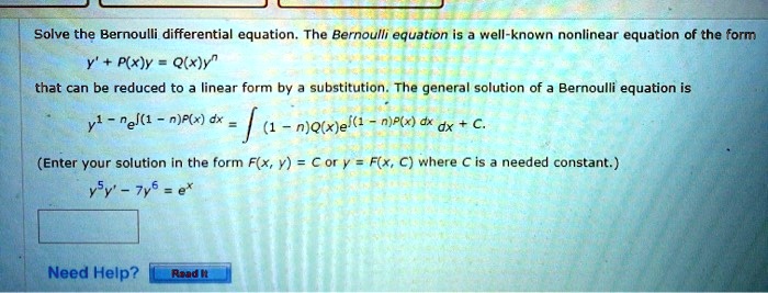 SOLVED: Solve the Bernoulli differential equation: The Bernoulli ...