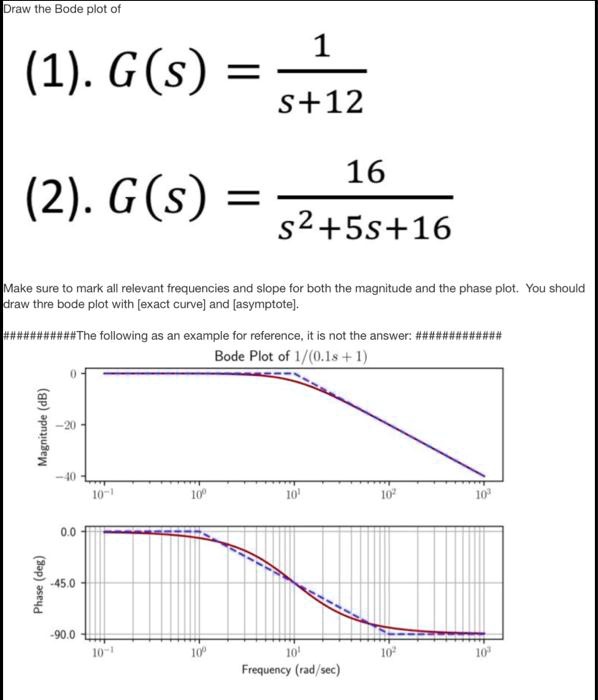 Draw the Bode plot of (1). G(s) = (1)/(s+12) (2). G(s) = (16)/(s^2+5s+16) Make sure to mark all ...