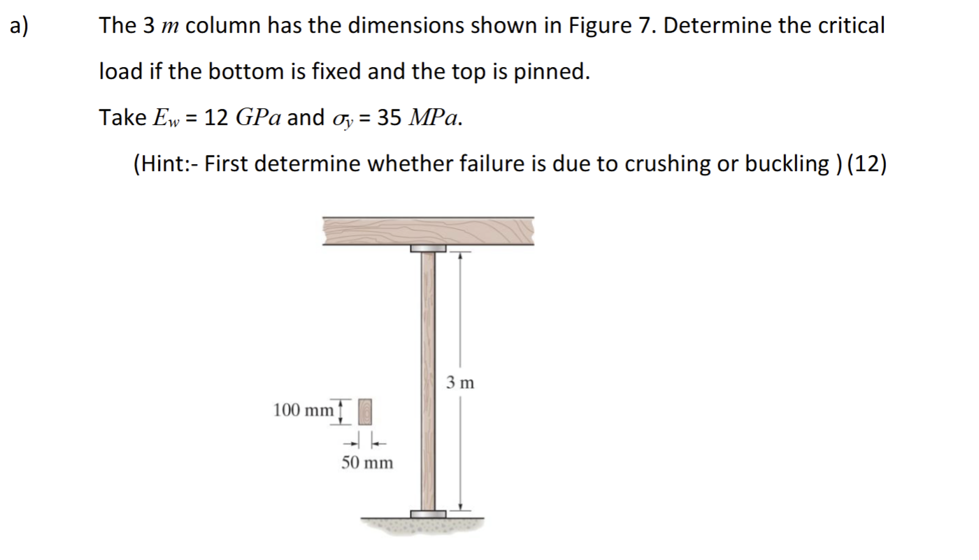 a) The 3 m column has the dimensions shown in Figure 7. Determine the critical load if the ...