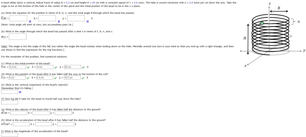 a bead slides down a vertical helical track of radius r 53 cm and ...