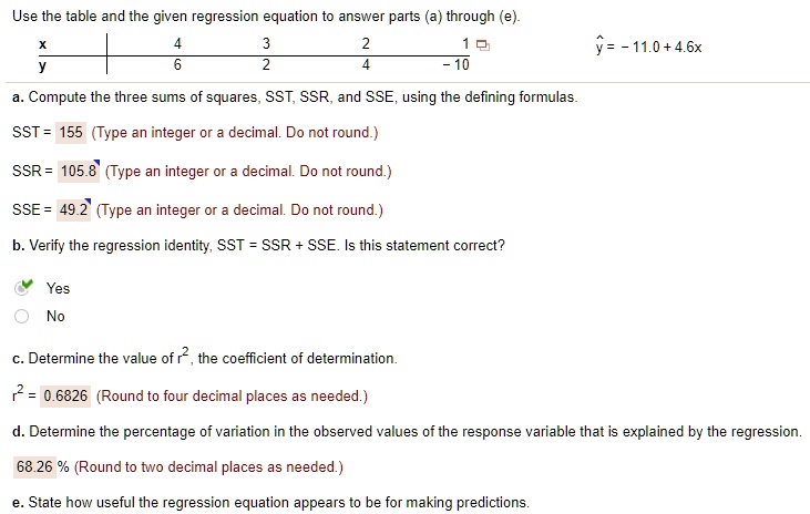 SOLVED: Use the table and the given regression equation to answer parts (3) through (e). y = -11 ...