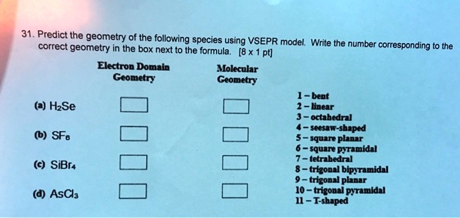 SOLVED: 31. Predict the geometry of the following species using VSEPR ...