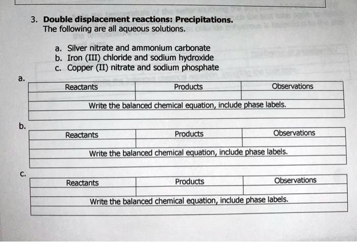 SOLVED: Double displacement reactions: Precipitations The following are all aqueous solutions ...