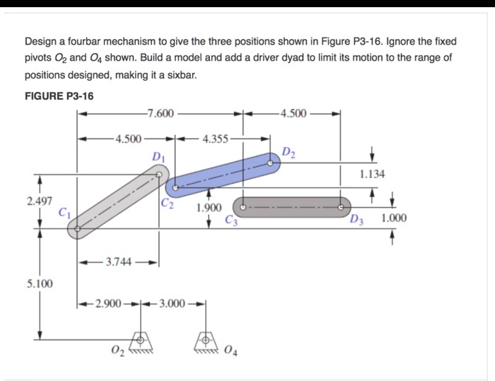 SOLVED: Design a four-bar mechanism to give the three positions shown ...