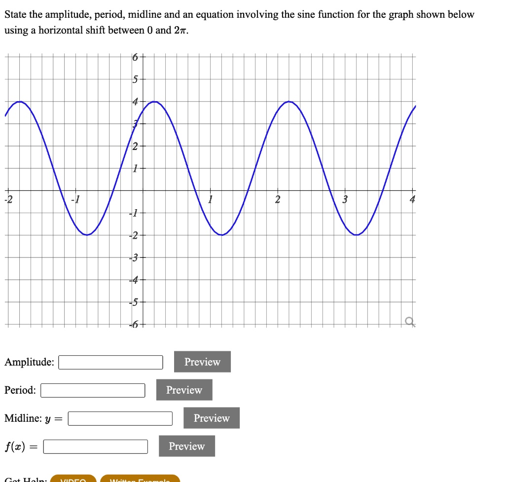 SOLVED: State the amplitude, period, midline and an equation involving ...