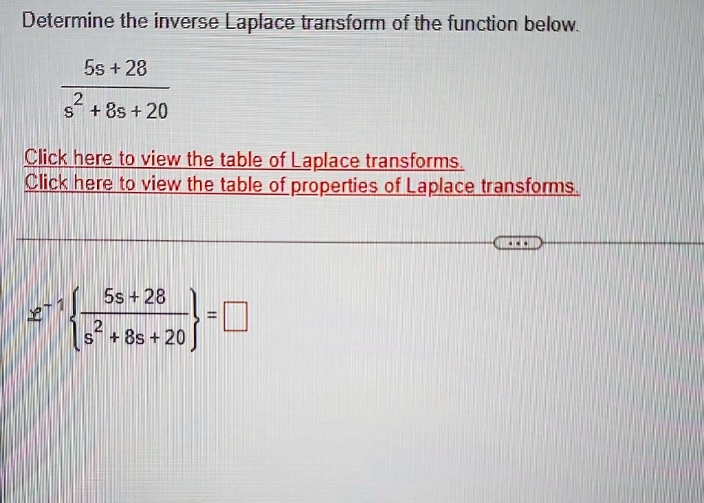 Determine the inverse Laplace transform of the function below. (5s + 28)/(s^2 + 8s + 20) Click ...