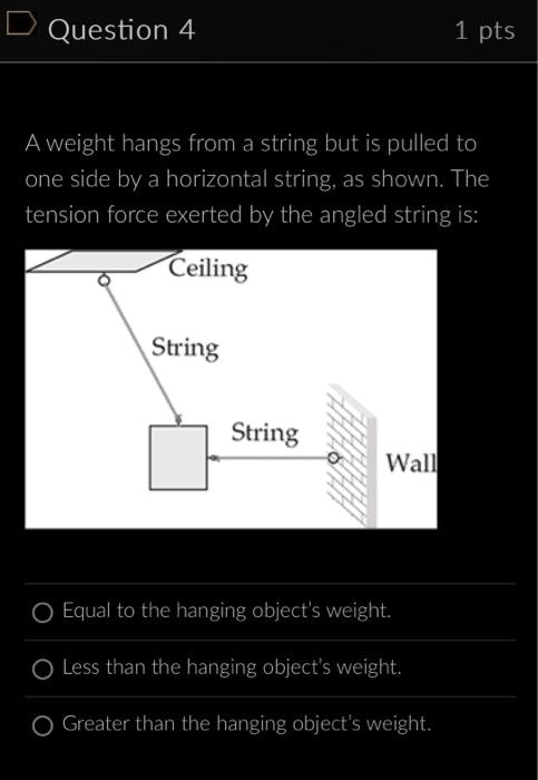 SOLVED: Question 4 1 pt A weight hangs from a string but is pulled to ...