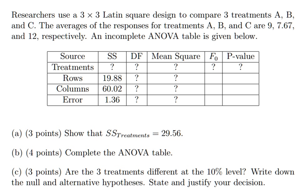 SOLVED: Researchers use a 3 x 3 Latin square design to compare 3 ...