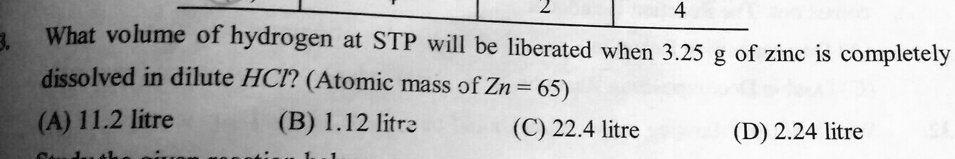 What volume of hydrogen at STP will be liberated when 3.25 g...