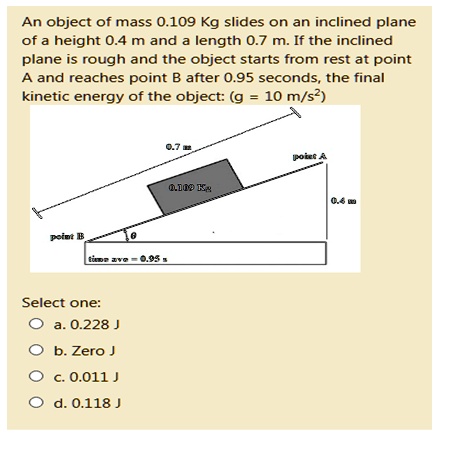 SOLVED: An object of mass 0.109 Kg slides on an inclined plane of a height 04 m and length 0.7 m ...