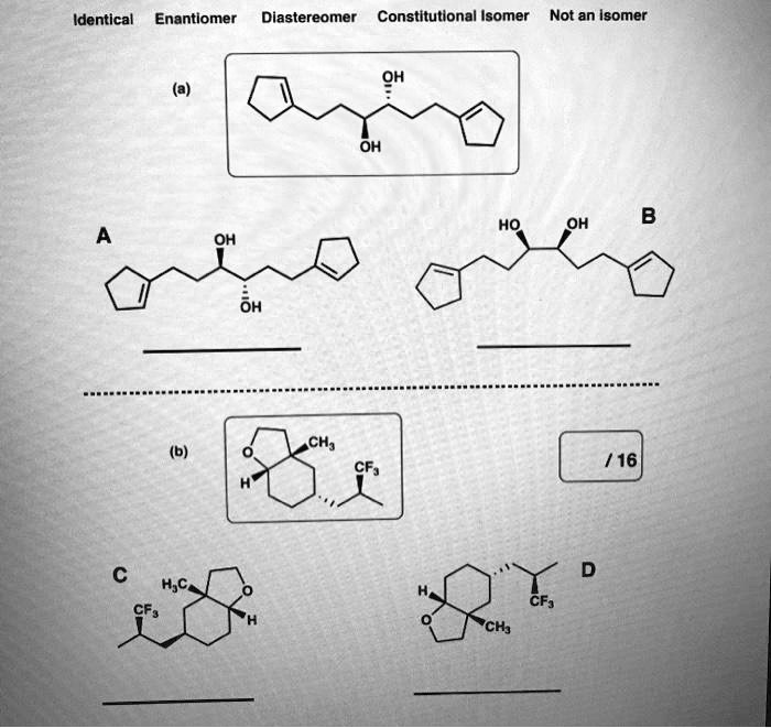 Identical Enantiomer Diastereomer Constitutional Isomer Not an isomer (a) A OH OH OH OH HO OH B ...