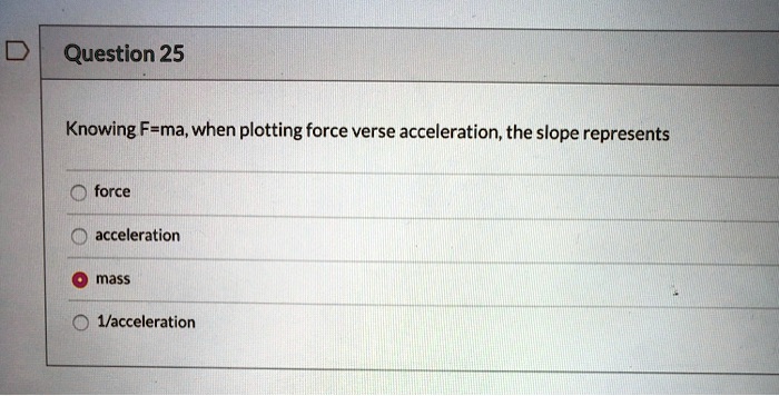 Knowing F = ma, when plotting force versus acceleration, the slope ...