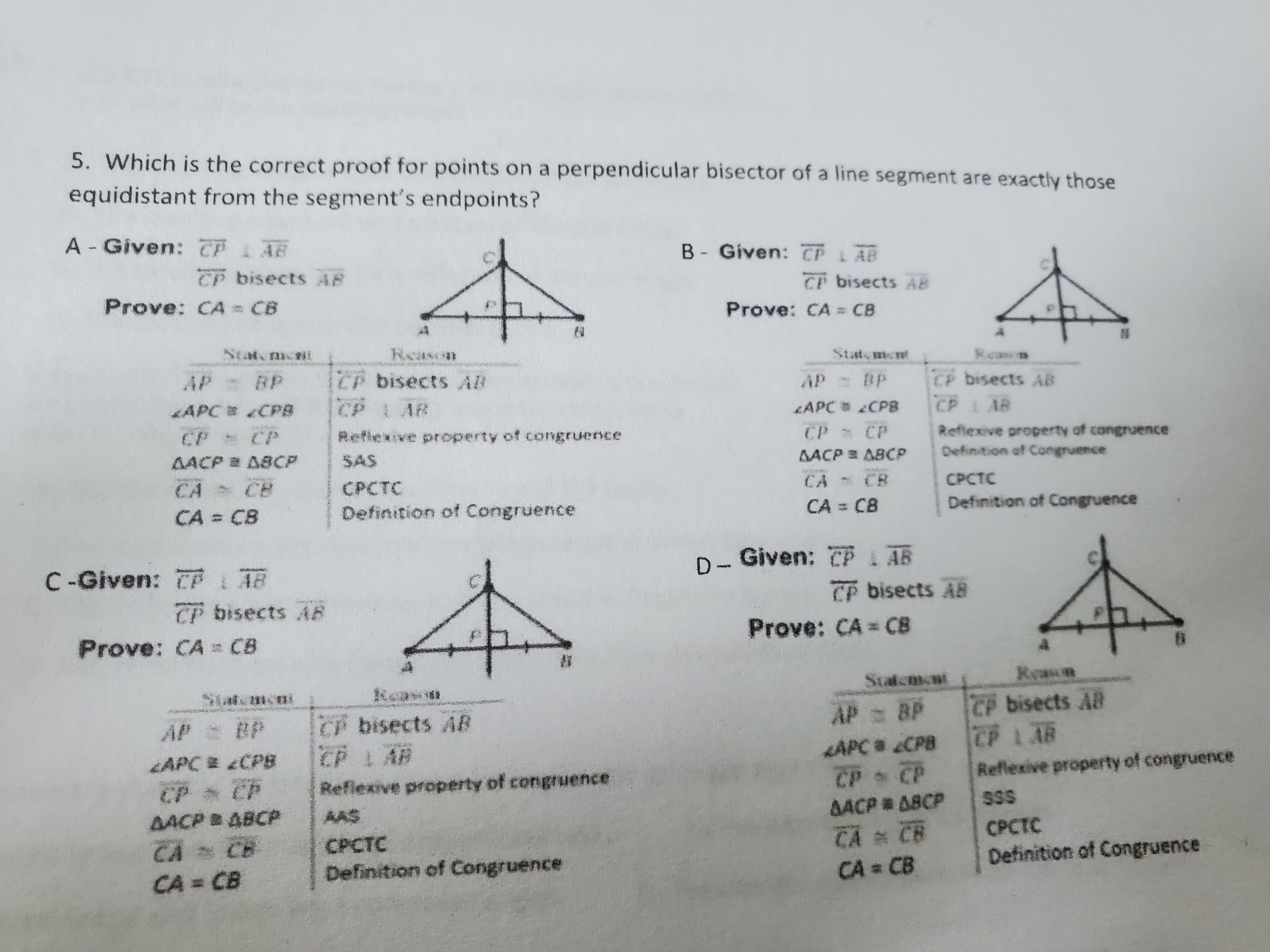 SOLVED: 5. Which is the correct proof for points on a perpendicular ...