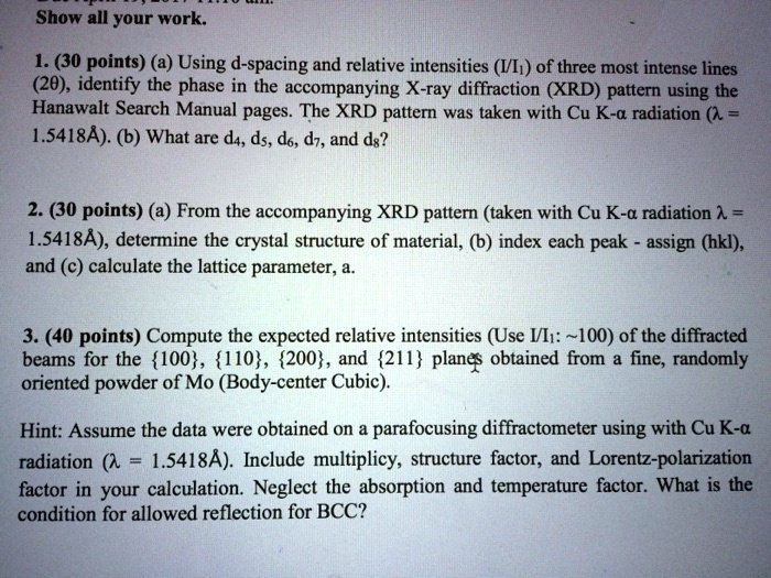 Show all your work. 1. (30 points) (a) Using d-spacing and relative ...