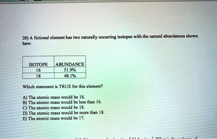 SOLVED: Fictional element has two naturally occurring isotopes with the ...