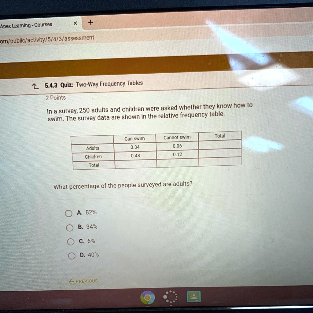 Apex Learning - Courses X + om/public/activity/5/4/3/assessment ?5.4.3 Quiz: Two-Way Frequency ...