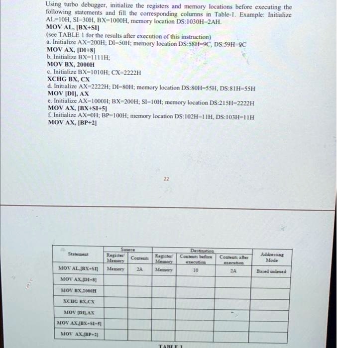 Texts: Solve the table Using Turbo Debugger, initialize the registers and memory locations ...