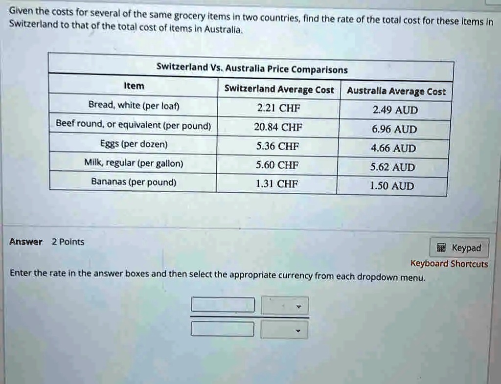 Given the costs for several of the same grocery items in two countries ...