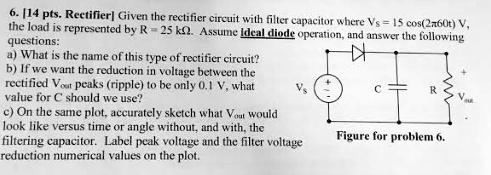6. [14 pts. Rectifier] Given the rectifier circuit with filter capacitor where Vs = 15 cos(2π60t ...