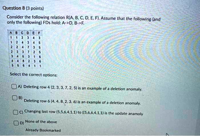 Question 8 (3 points): Consider the following relation R(A, B, C, D, E, F). Assume that the ...