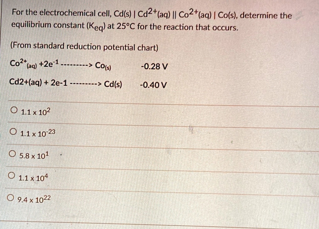SOLVED: For the electrochemical cell: Cd(s) | Cd2+(aq) || Co2+(aq) | Co ...