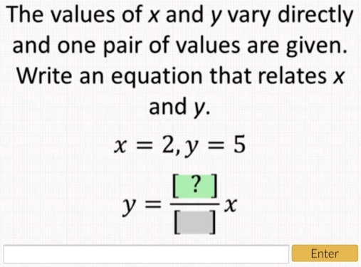 SOLVED: The values of x and y vary directly and one pair of values are ...
