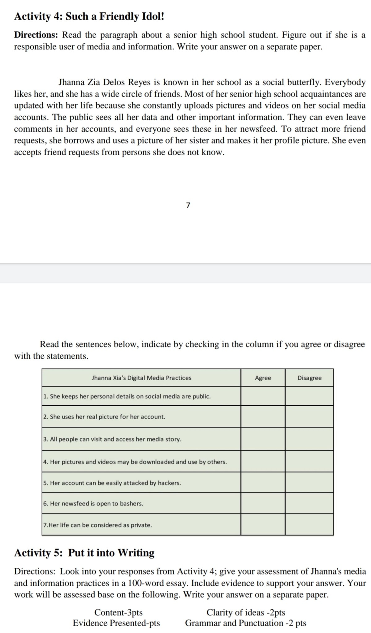 Activity 4: Such a Friendly Idol! Directions: Read the paragraph about ...