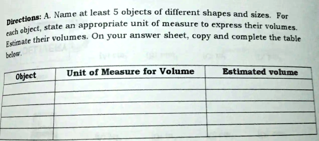 SOLVED: Name at least 5 objects of different shapes and sizes. For each object, state an ...