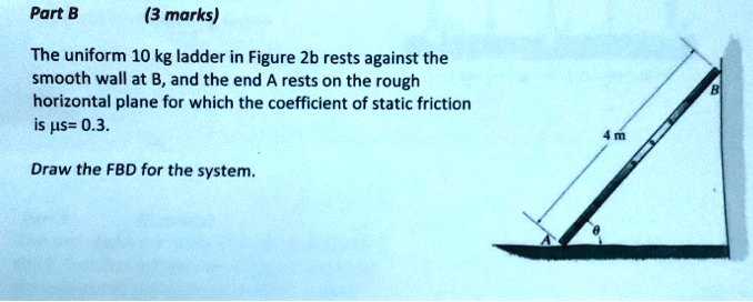 SOLVED: Part B (3 marks) The uniform 10 kg ladder in Figure 2b rests ...