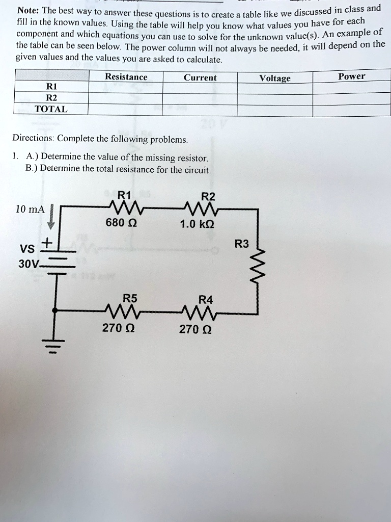 SOLVED: given values and the values you are asked to calculate. Resistance Current R1 R2 TOTAL ...