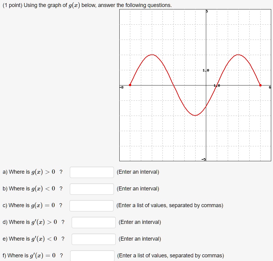 SOLVED: point) Using the graph of g(x below; answer the following questions a) Where is g(t) > 0 ...