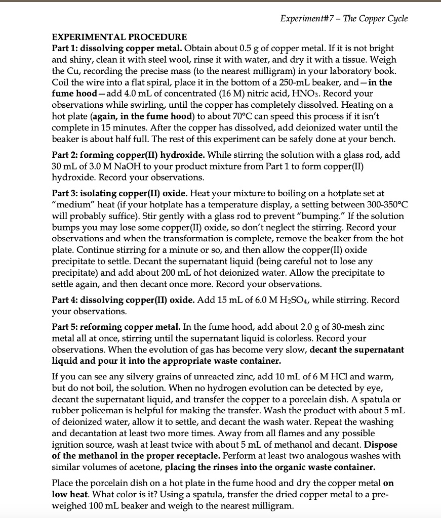 SOLVED: Experiment #7: The Copper Cycle EXPERIMENTAL PROCEDURE Part I ...
