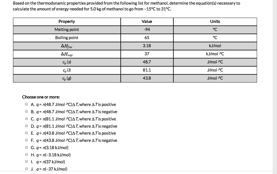 Based on the thermodynamic properties provided from the following list ...