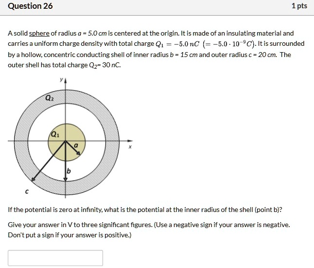 SOLVED: Question 26 1pts A solid sphere of radius a 5.0 cm is centered at the origin: It is made ...