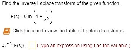 SOLVED: Find the inverse Laplace transform of the given function F(s) = 6 In 3) Click the icon ...