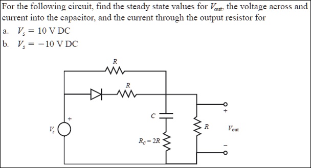 SOLVED: For the following circuit, find the steady state values for Vout, the voltage across and ...