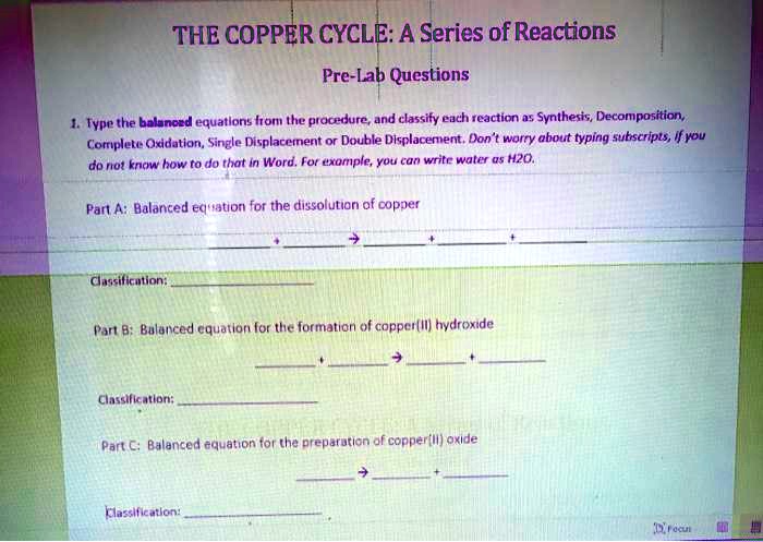 SOLVED:THE COPPER CYCLE: A Series of Reactions Pre-Lab Questions Type ...