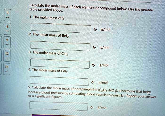 Calculate the molar mass of each element or table provided...