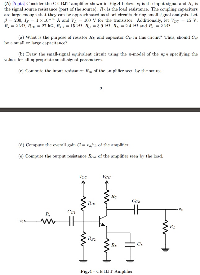 SOLVED: Consider the CE BJT amplifier shown in Fig.4 below. Vi is the ...