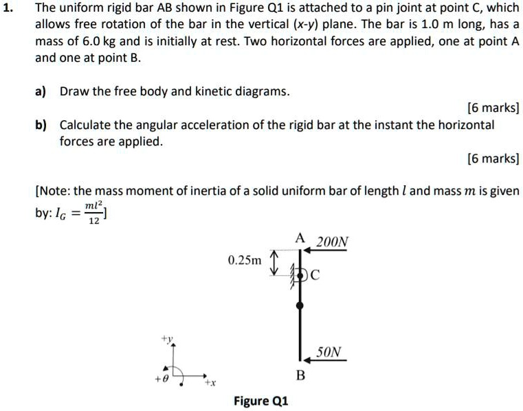 1. The uniform rigid bar AB shown in Figure Q1 is attached to a pin ...