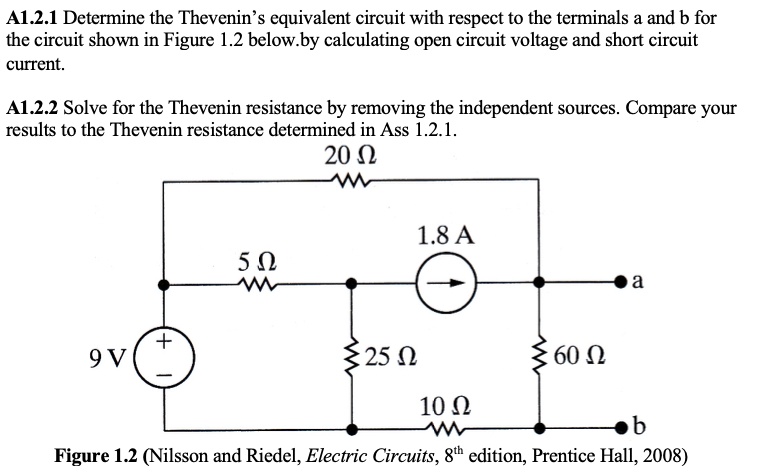 SOLVED: A1.2.1 Determine the Thevenin's equivalent circuit with respect to the terminals a and b ...