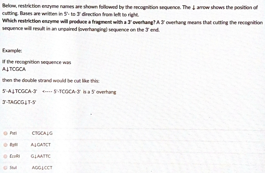SOLVED:Below, restriction enzyme names are shown followed by the recognition sequence: The ...