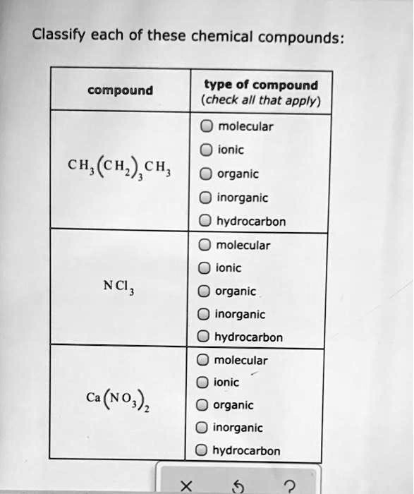 SOLVED: Classify each of these chemical compounds: Compound Type of compound (check all that ...