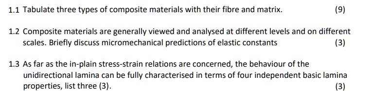 SOLVED: 1.1 Tabulate three types of composite materials with their fibre and matrix. (9) 1.2 ...