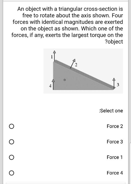 an object with a triangular cross section is free to rotate about the axis shown four forces ...