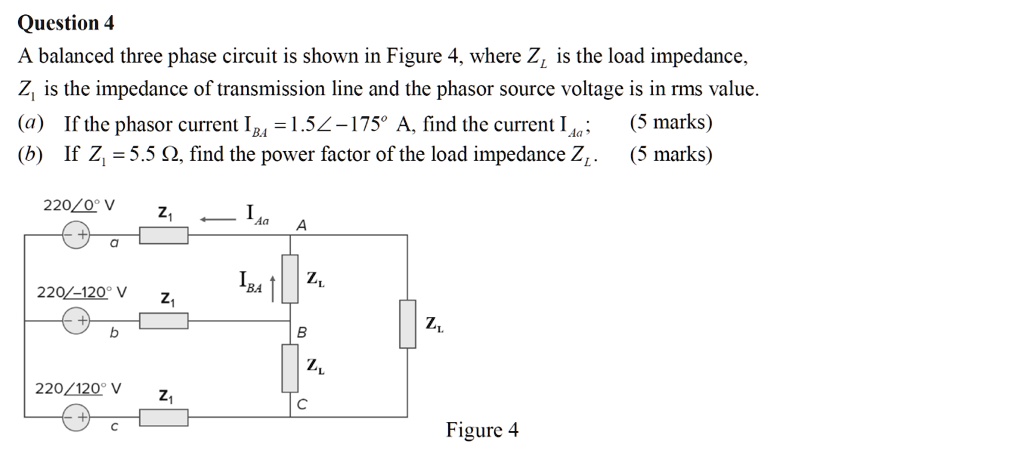 question 4 a balanced three phase circuit is shown in figure 4 where z is the load impedance z ...
