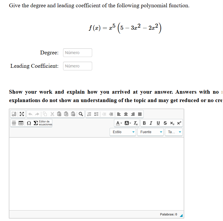 SOLVED: Give the degree and leading coefficient of the following ...